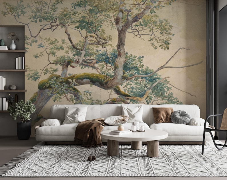 Vintage Oak Tree Mural Wallpaper, Moss Green Botanical Peel and Stick ...