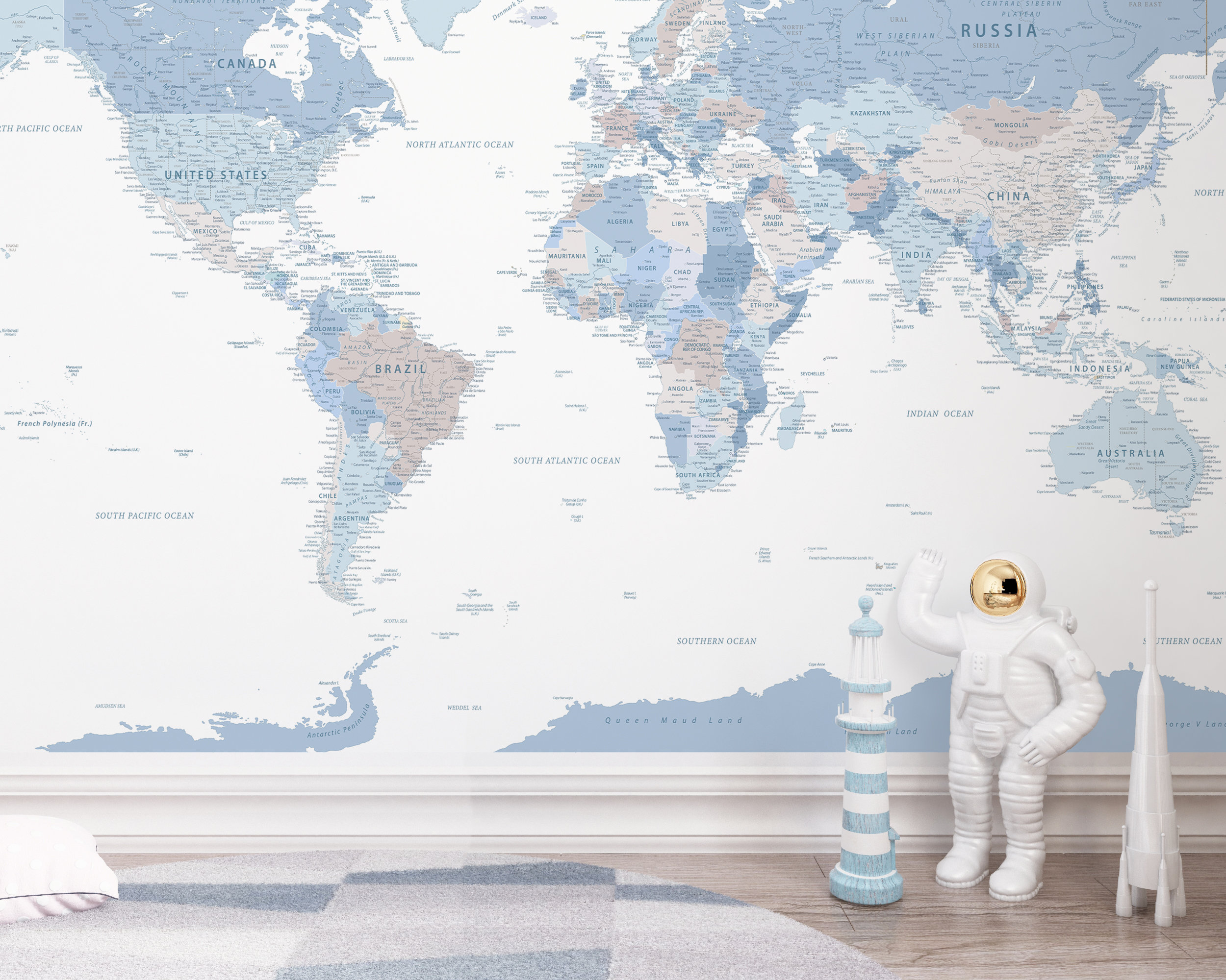 Blue White Detailed World Map Wall Mural, Travel Map Wallpaper, World ...