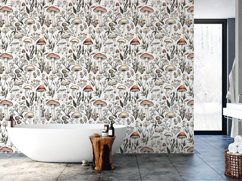 Mushroom Botanical Wallpaper | Cottagecore Fungi Wall Decor (peel and ...