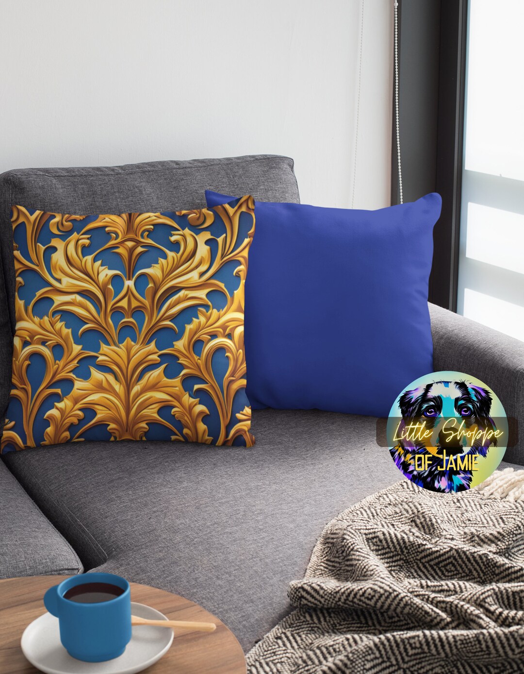 Vintage Inspired Gold and Blue Decorative Throw Pillow Rococo Floral ...