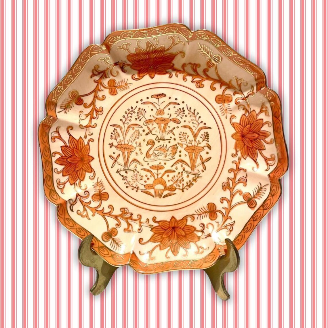 Vintage Orange Patterned Plate Gold Gilded Hand Painted Porcelain Swan ...