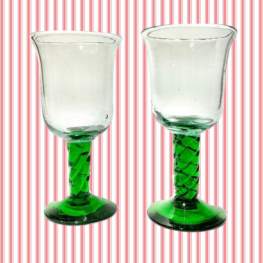 Set 2 Mexico Hand Blown Recycled Wine Goblet Glasses Green Twisted Stem ...