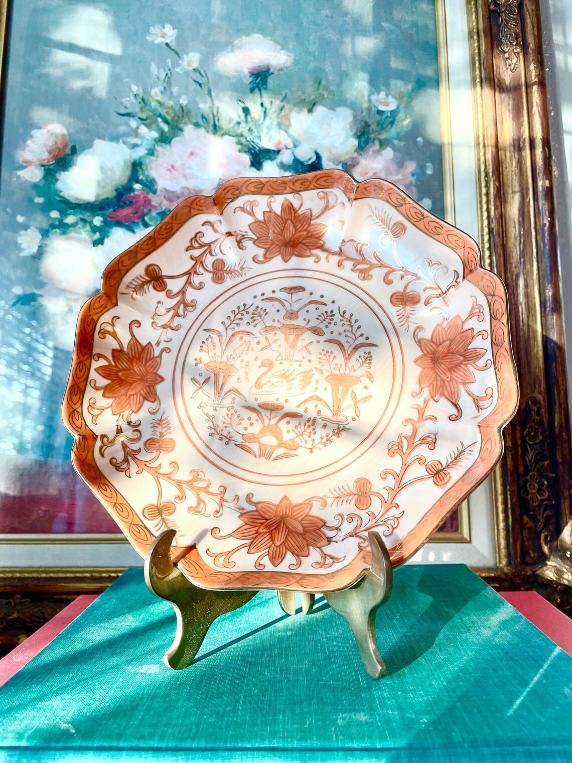 Vintage Orange Patterned Plate Gold Gilded Hand Painted Porcelain Swan ...
