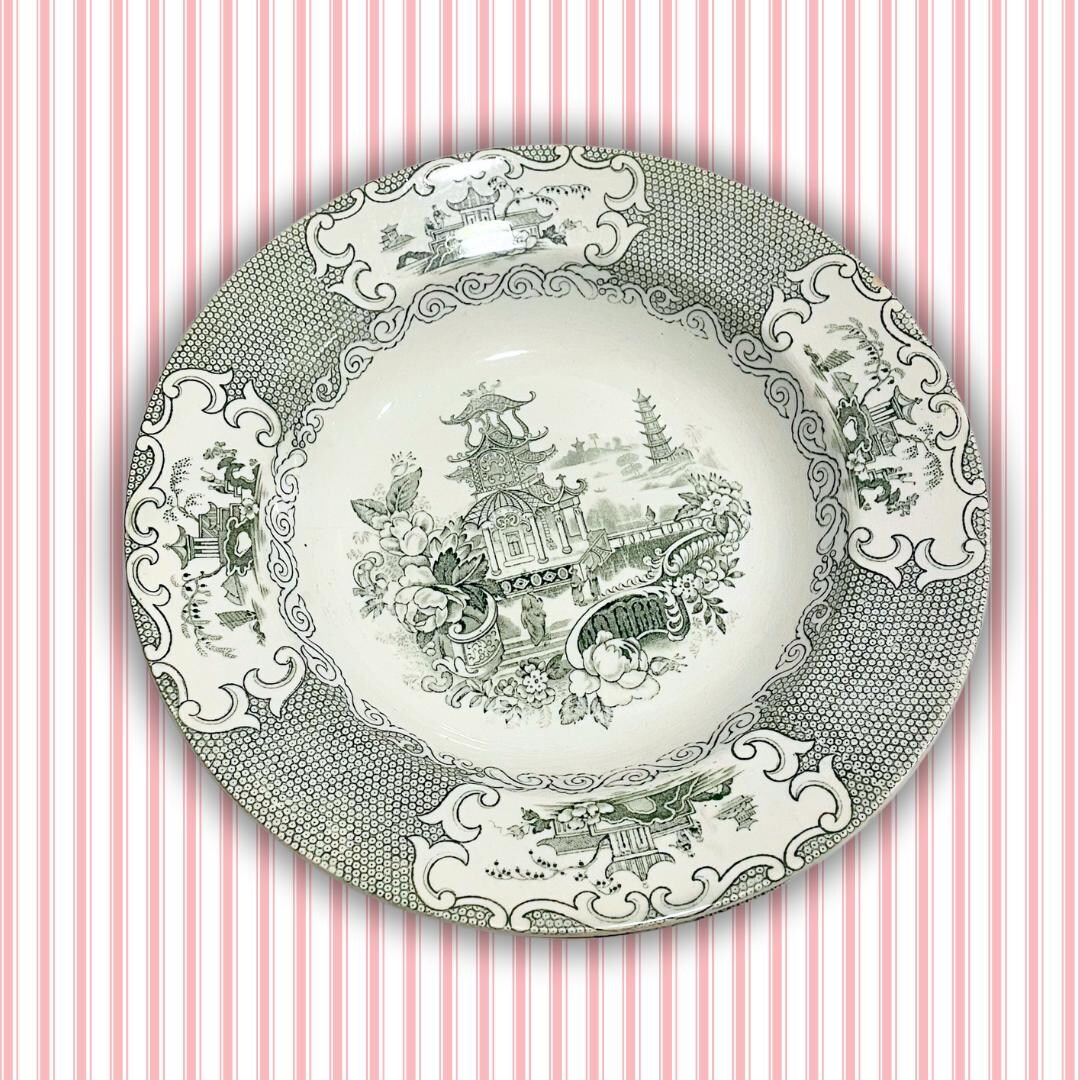 Vintage Libertas Prussia Serving Bowls: Green Transferware Asian Temple ...