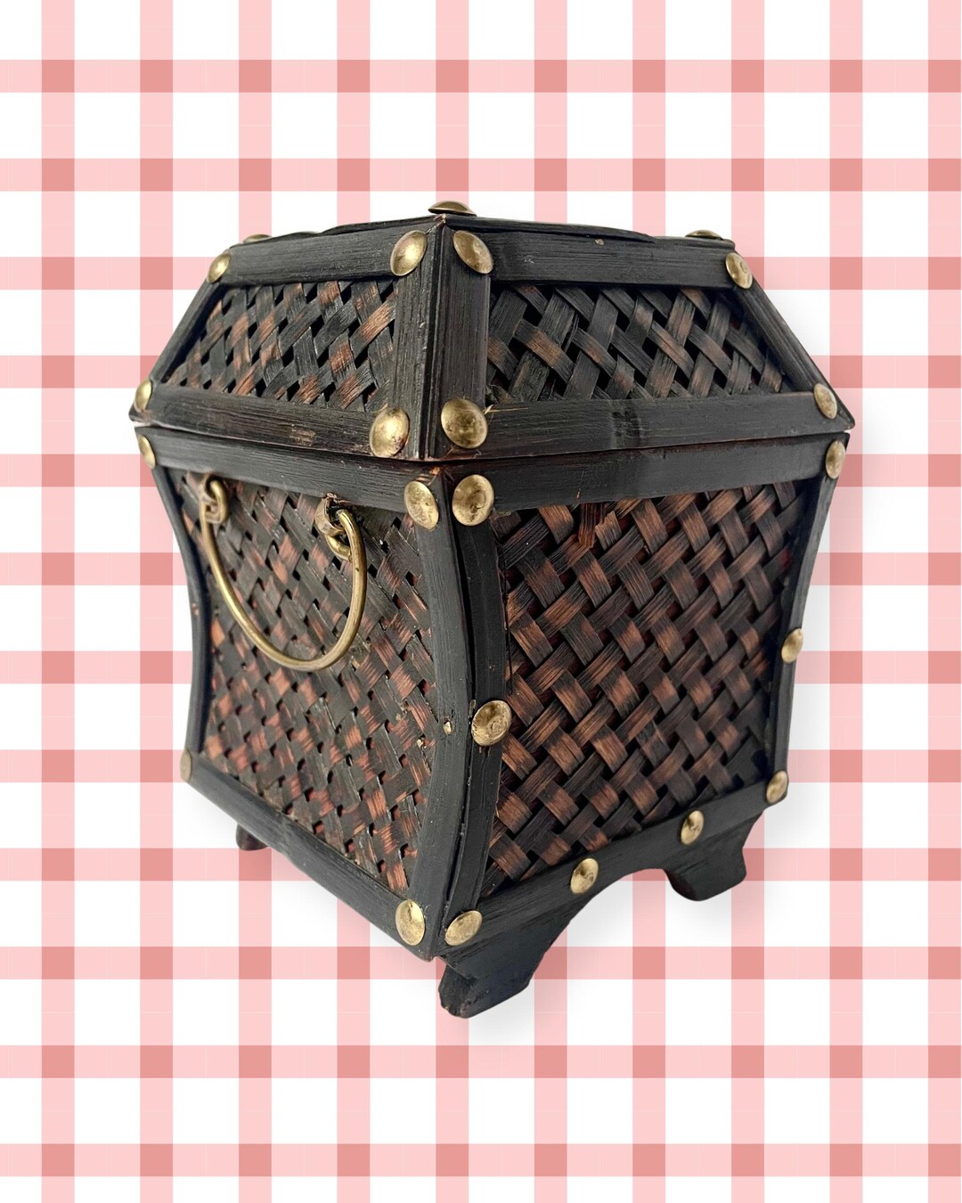 Vintage Wicker & Brass Hinged Keepsake Box – Dark Brown Woven Trinket ...