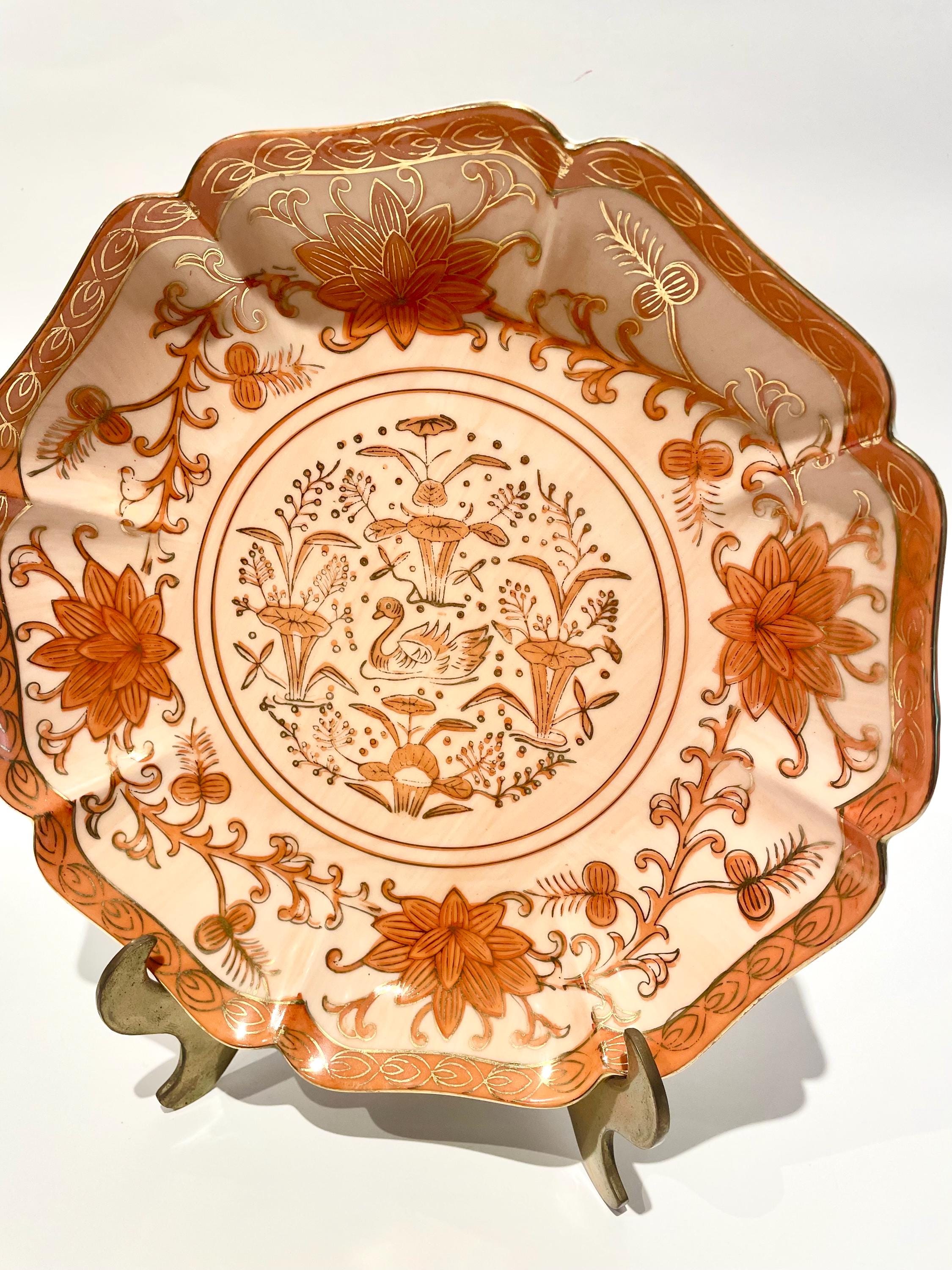 Vintage Orange Patterned Plate Gold Gilded Hand Painted Porcelain Swan ...