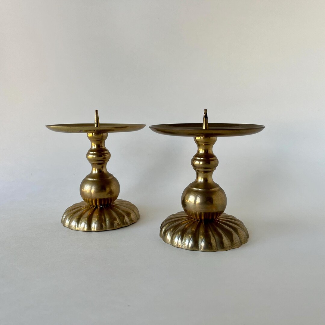 Vintage Brass Pillar Candle Holders, Set of Two 4 Tall Ribbed Brass ...