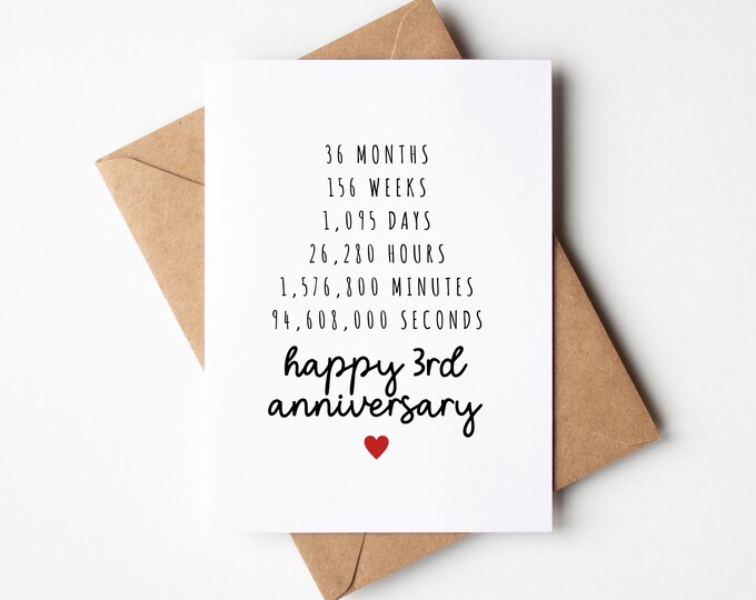 3rd Anniversary Card for Him, for Her, Third Anniversary Card for ...