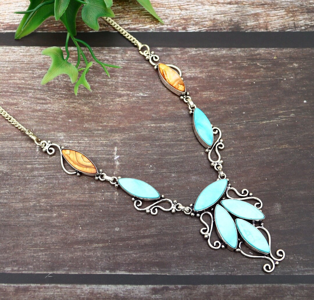 Natural Turquoise and Abalone Shell Necklace/ Silver Plated Necklace ...