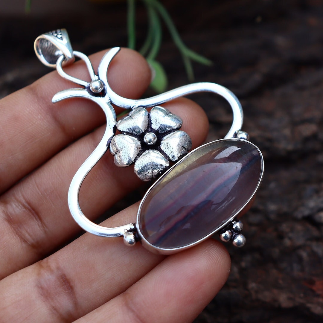 Natural Fluorite Pendant/ Silver Plated Pendant/ Original - Etsy