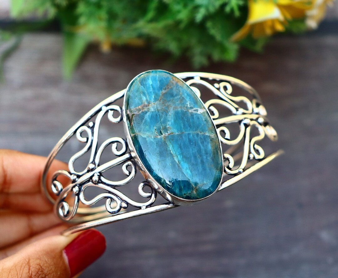 Neon Blue Apatite Bangle/ Silver Plated Bangle/ Original Neon Apatite ...