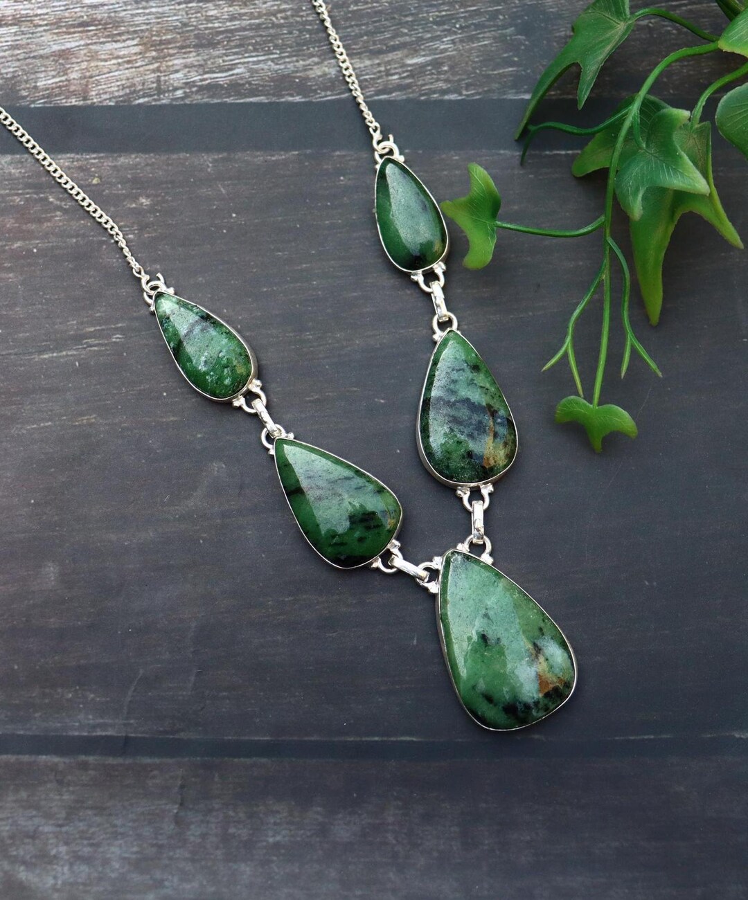 Natural Ruby Zoisite Necklace/ Silver Plated Necklace/ Green Ruby ...
