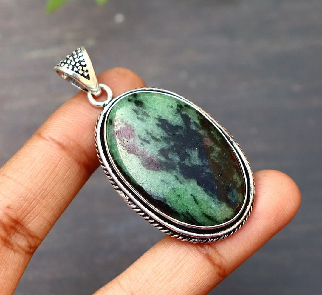 Natural Ruby Zoisite Pendant/ Green Ruby Zoisite Pendant/ Silver Plated ...