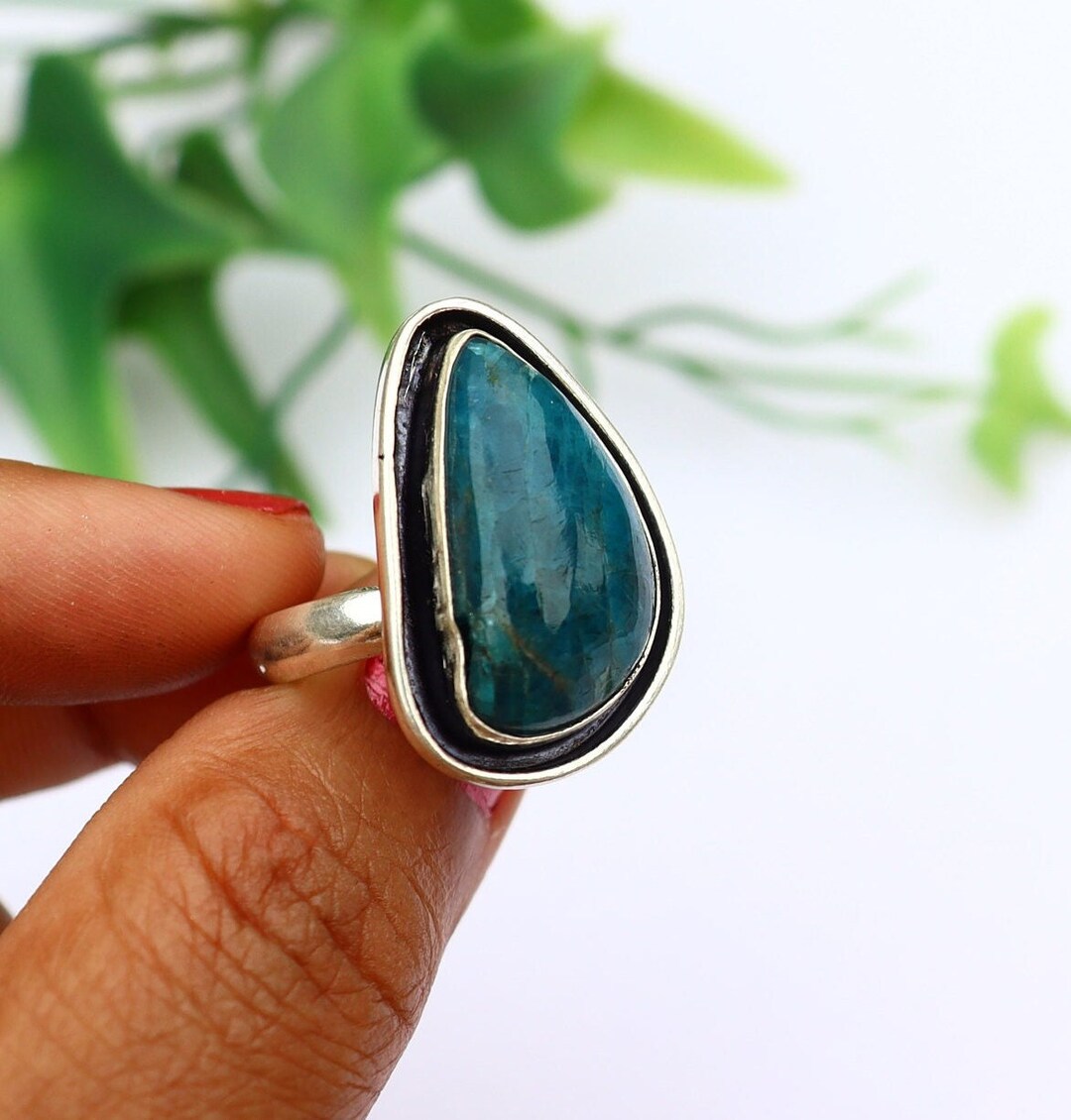 Neon Blue Apatite Ring/ Silver Plated Ring/ Blue Apatite Ring/ 7 1/2 US ...