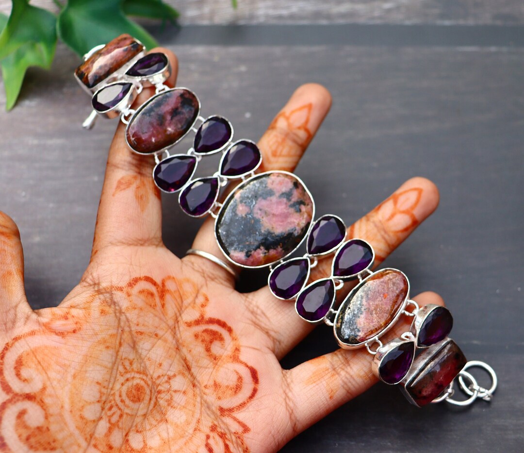 Rhodonite and Purple Hydro Glass Gemstone Bracelet/ Silver Plated ...
