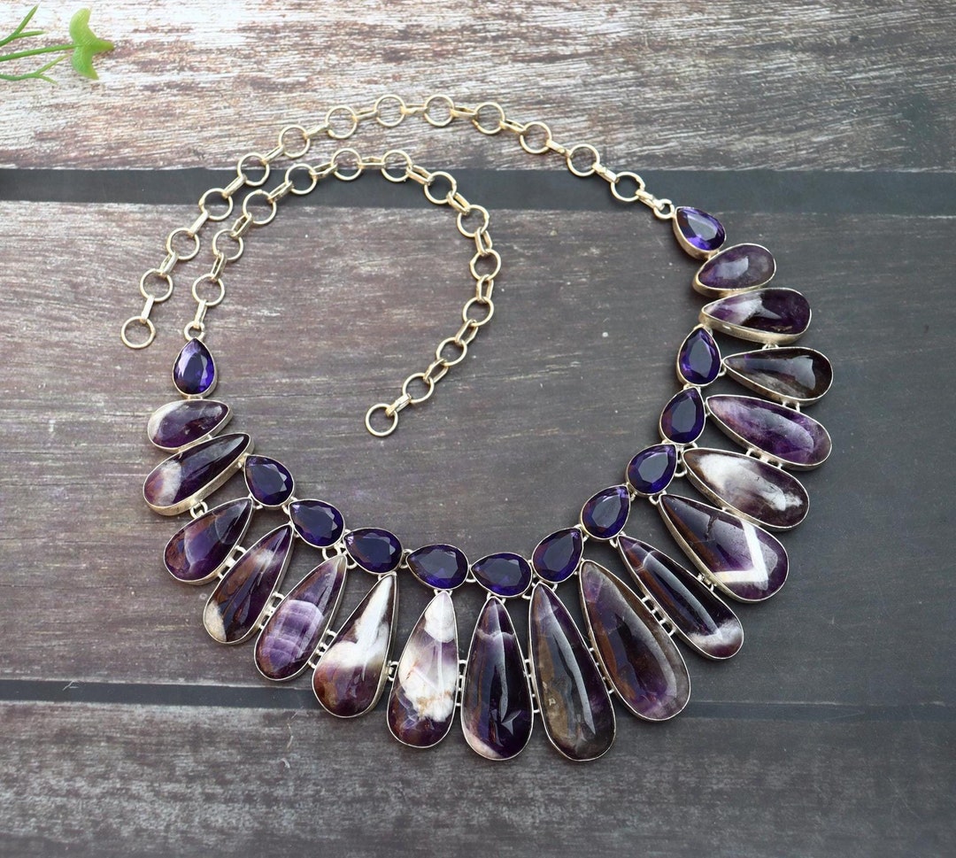 Amethyst Necklace/ Amethyst Bib Necklace/ Silver Plated Necklace ...