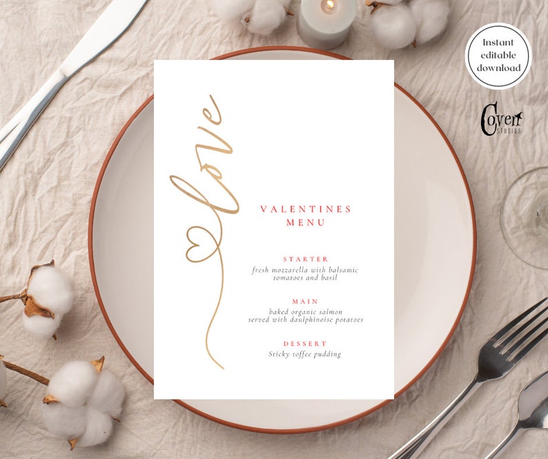 Valentine's Dinner Menu Card Printable Valentines Day Menus Editable ...