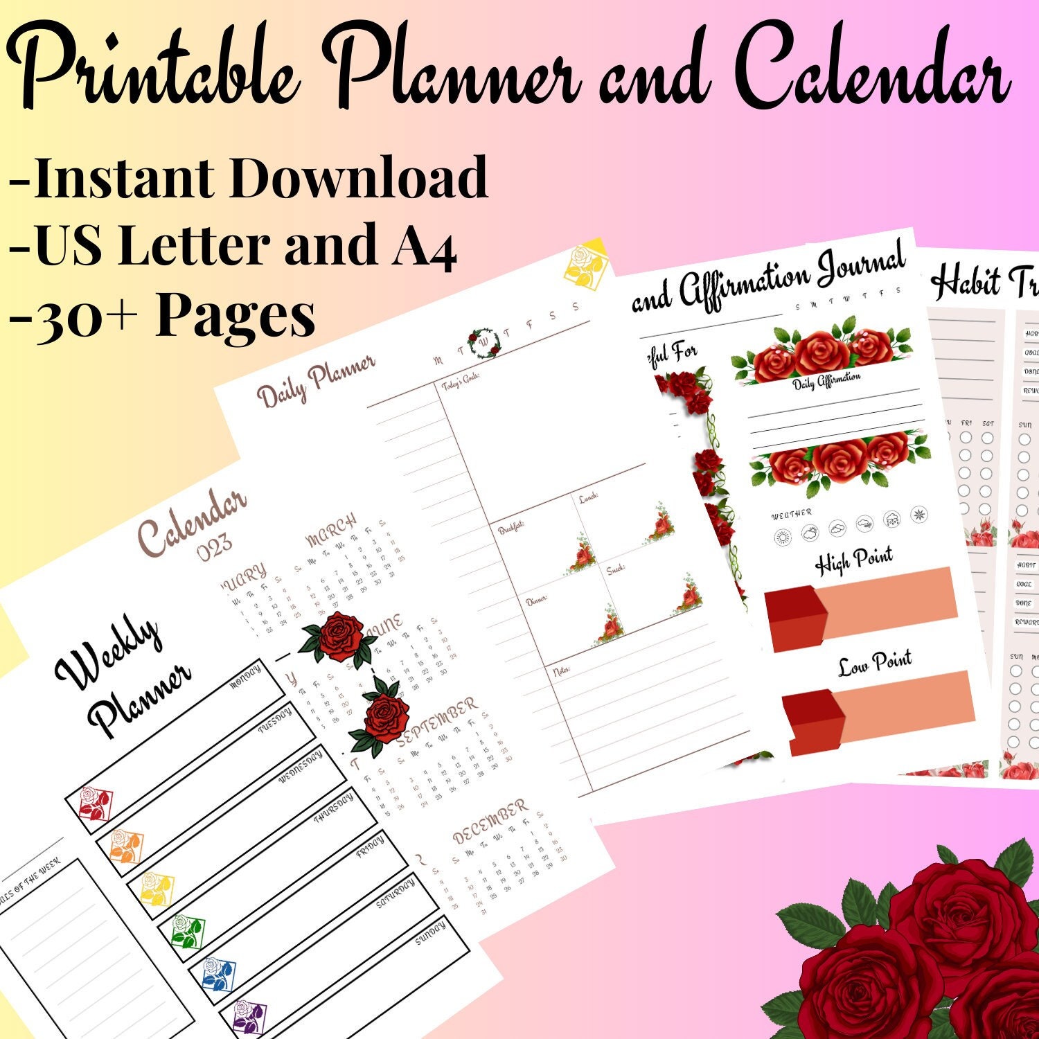 Rose Themed Printable Planner, Calendar, and Organizer - Etsy