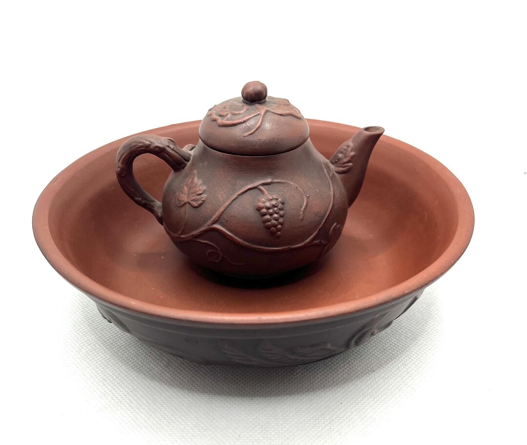 Vintage Yixing Zisha Purple Clay Pottery Marked Tea Pot and Bonsai Bowl ...