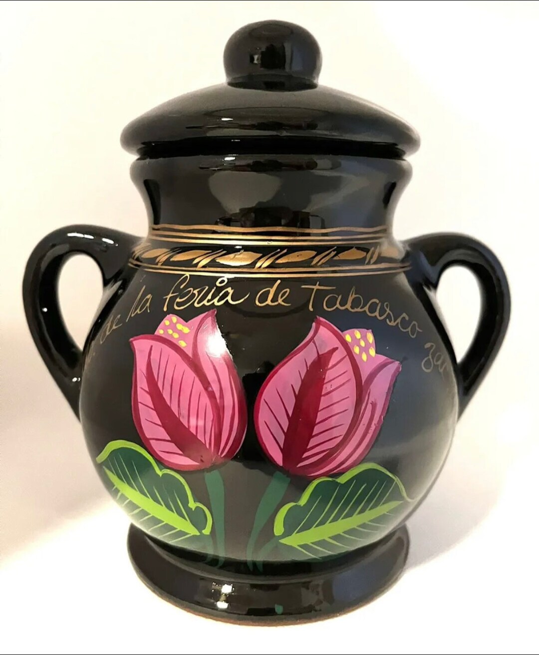 Vintage 2004 Tobasco Fair Hand Painted Redware Jar Crock Canister ...