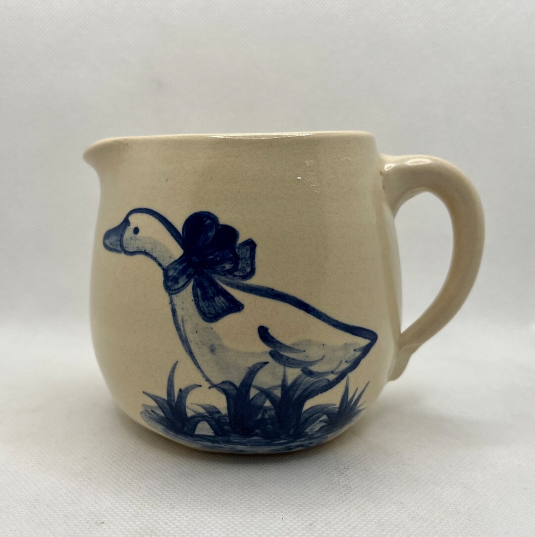 Small Stoneware Hand Turned Pottery Pitcher Jug Creamer Blue Goose Duck ...