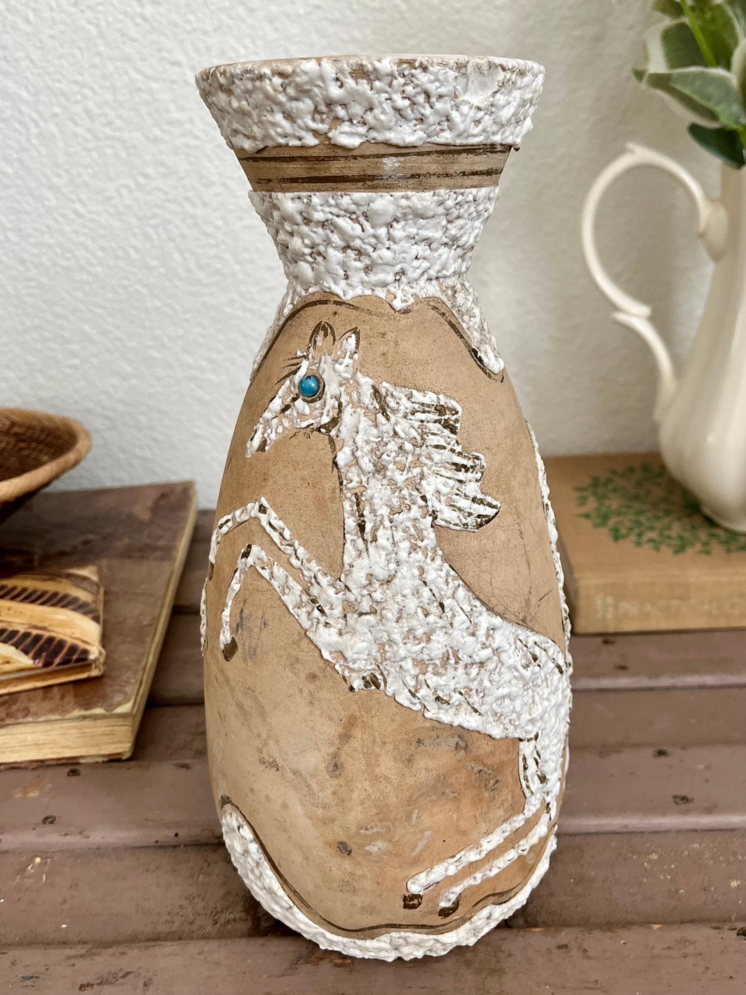 Mid Century Alrose Italian Art Pottery Vase Dog Horse Glass Eyes Lava ...