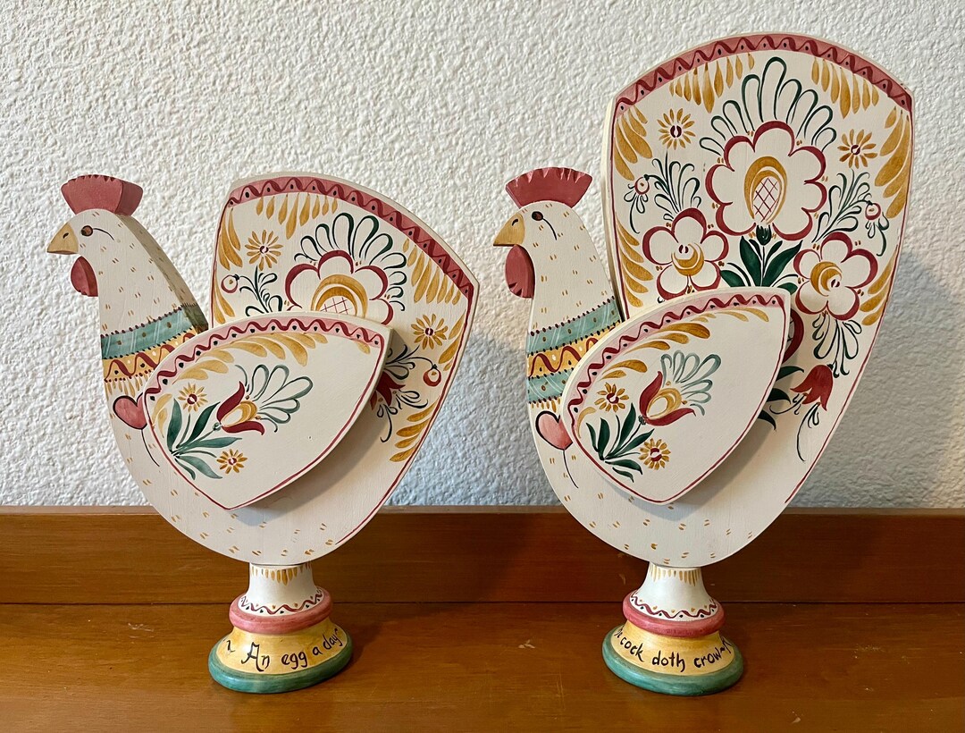 Hand Painted Wood Rooster & Hen Pair: 1995 Folk Art Decor - Etsy
