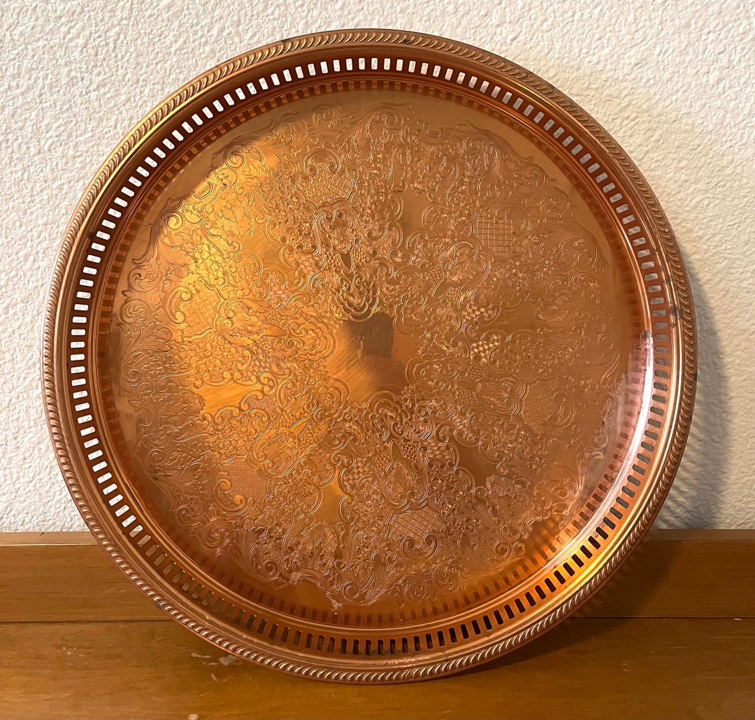 Vintage Copper Craft Guild Solid Copper 15 Round Etched MCM Tray ...