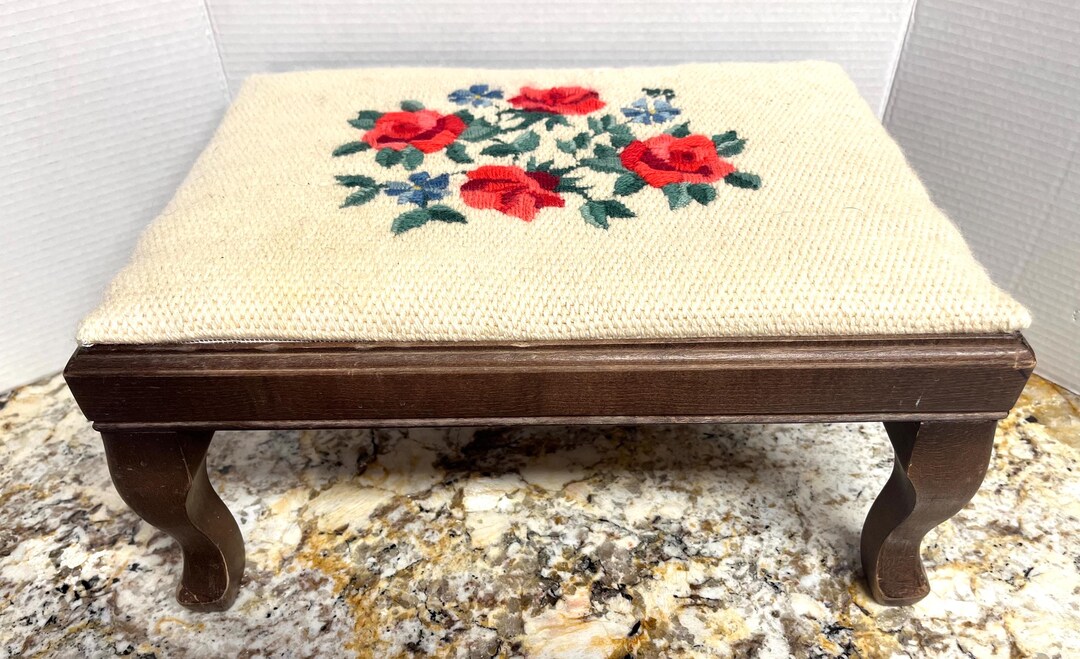 Vintage Needlepoint Art Roses Flower Floral Wood Stool , Footstool ...