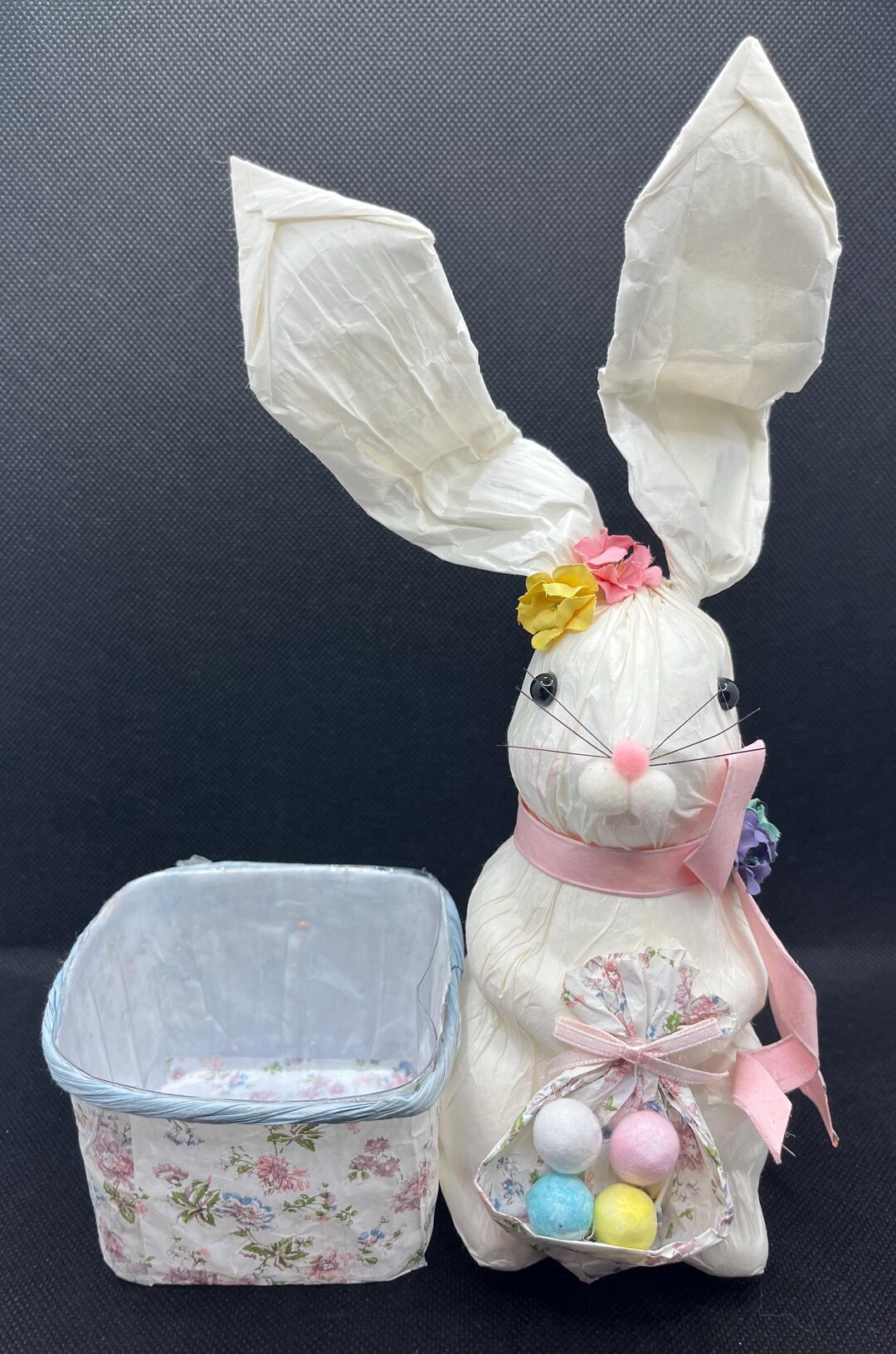 Handcrafted Tissue Paper Mache White Easter Bunny Figurine With Basket ...