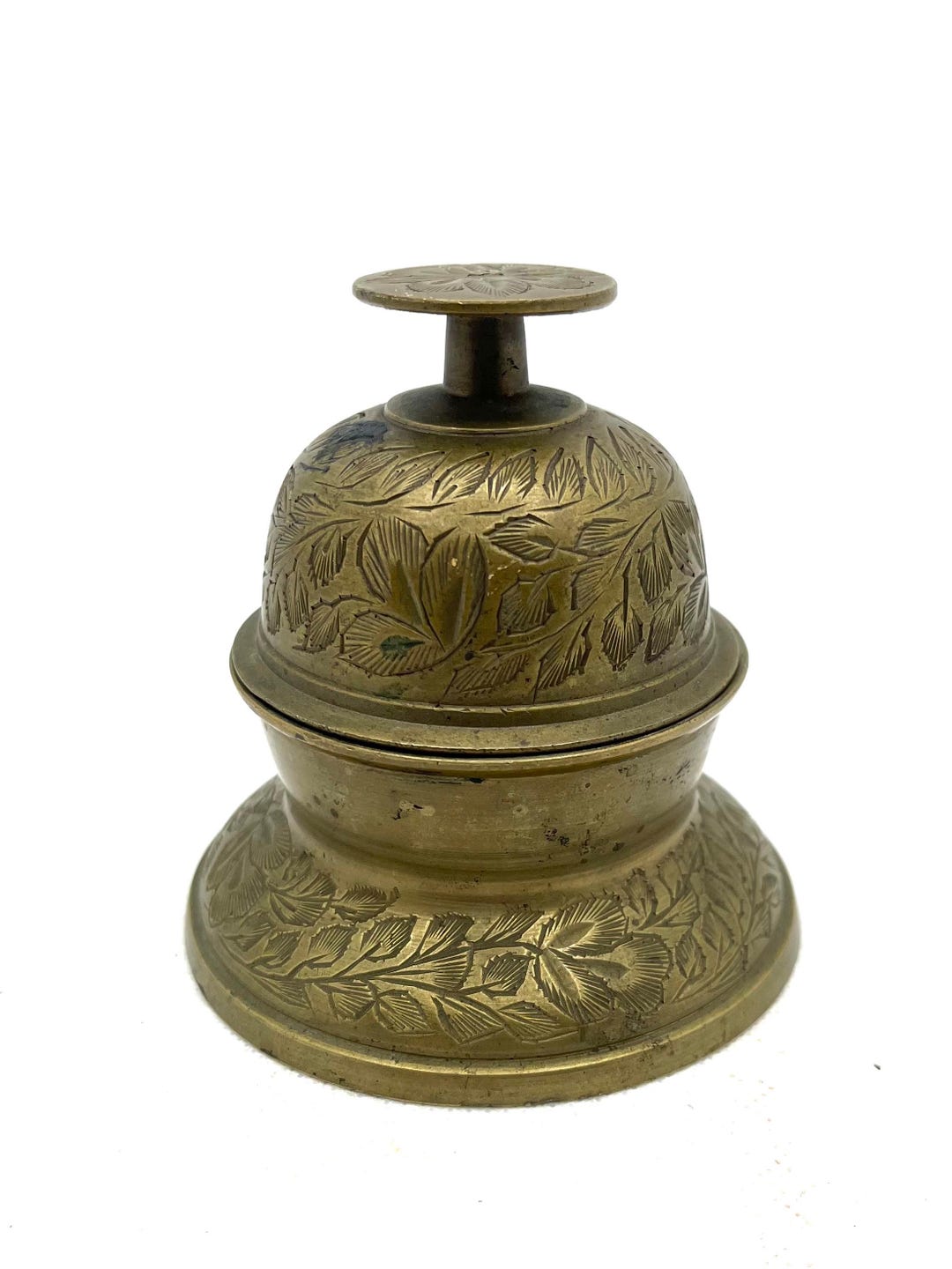 Vintage Solid Brass Elephant Claw Bell Engraved Leaf Pattern With Stand ...