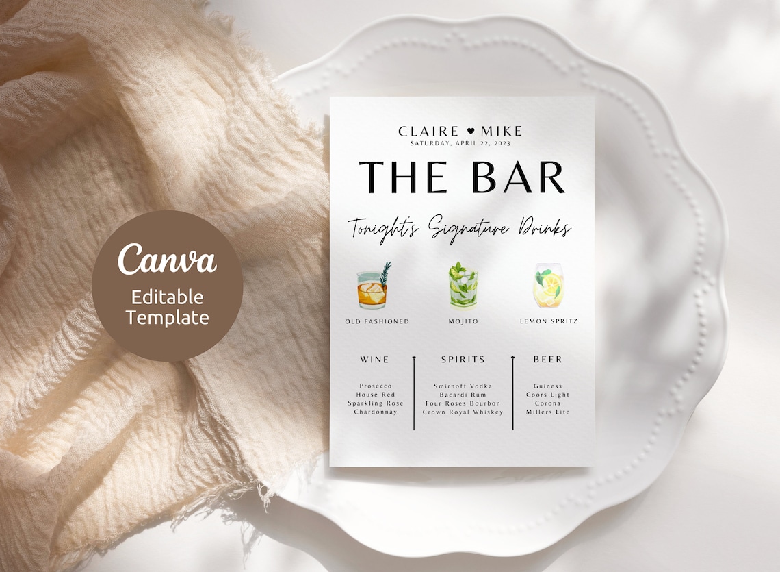 Bar Menu Template Canva, Bar Menu Template, Modern Editable Drink Menu ...