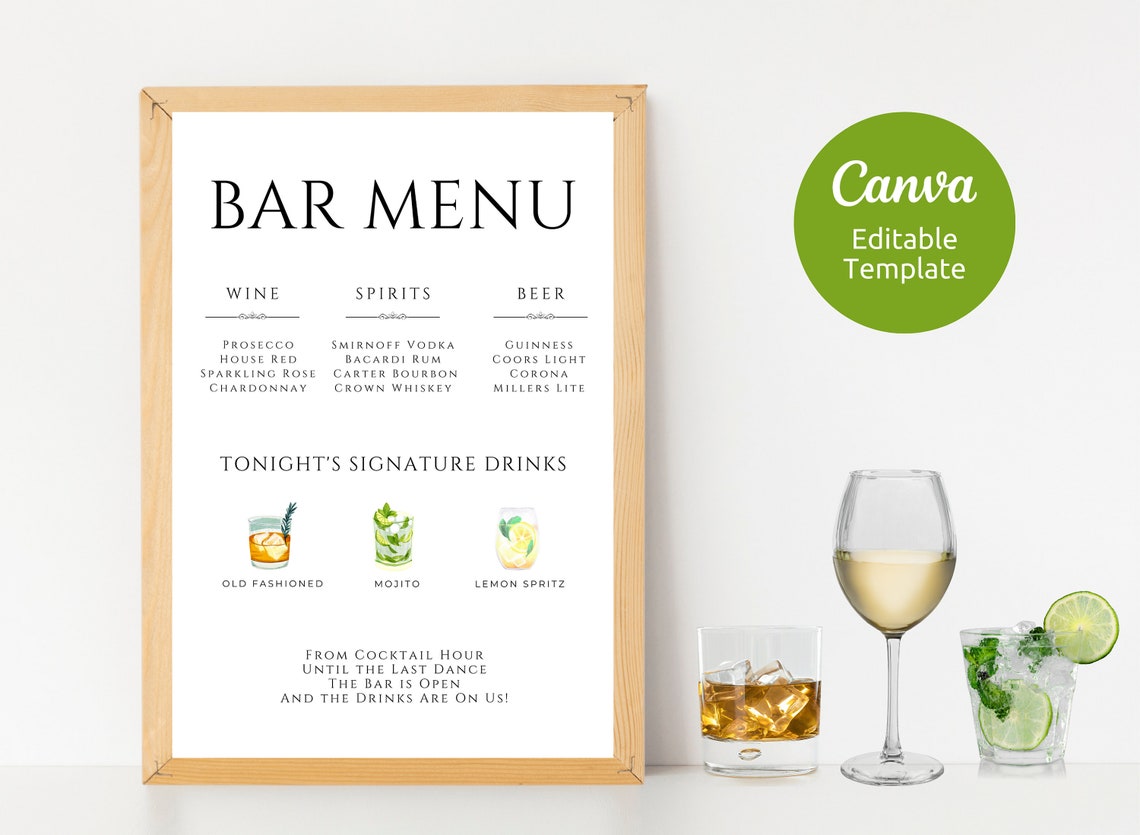 Bar Menu Template, Modern Editable Drink Menu Template, Minimalist ...