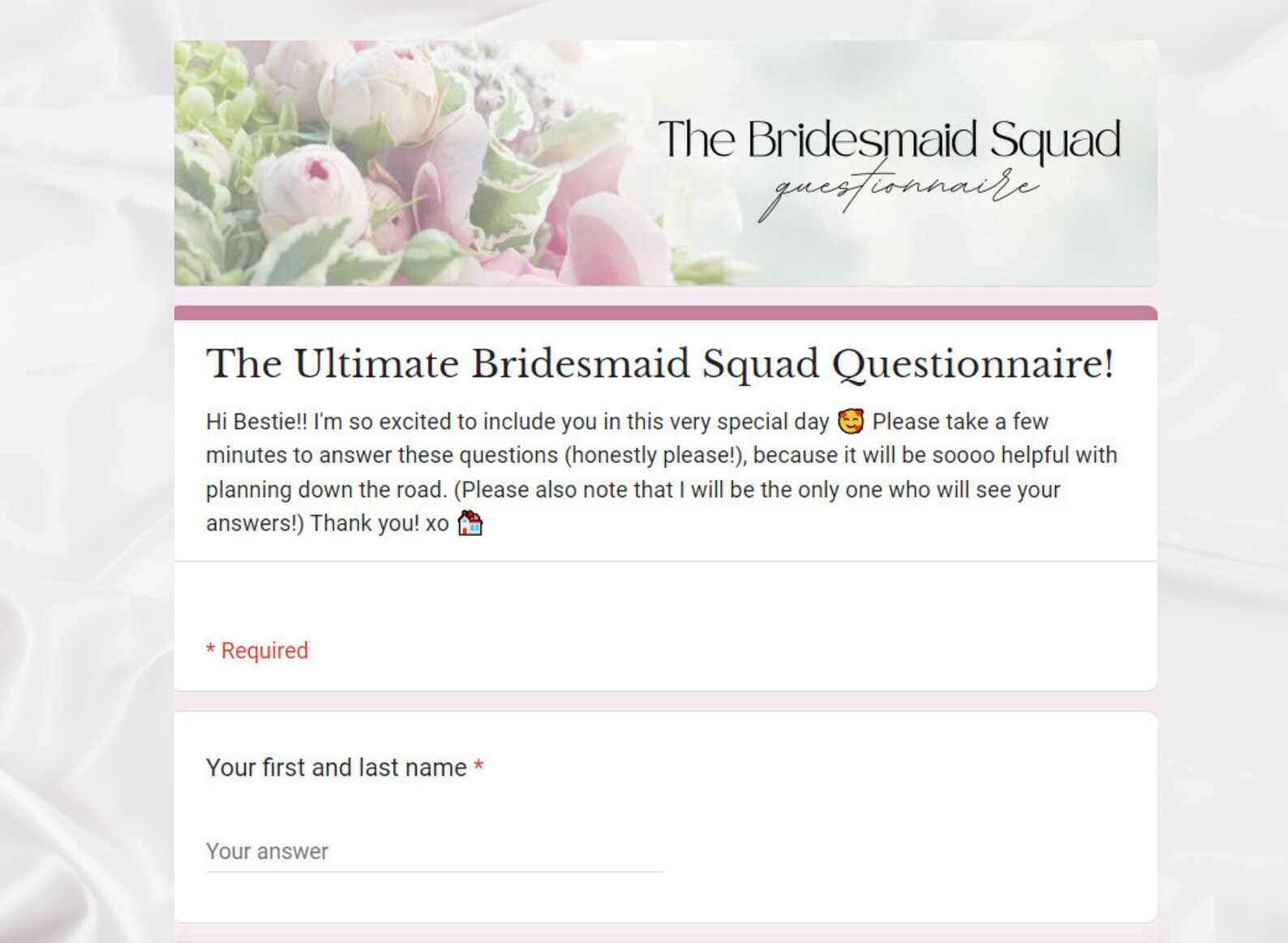 Bridesmaid Questionnaire Google Form, Editable Bridesmaid Questions ...