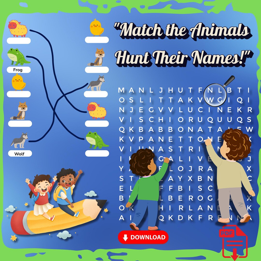 Animal Activity Pack: Word Hunt & Matching Games (ages 4-8) (printable ...