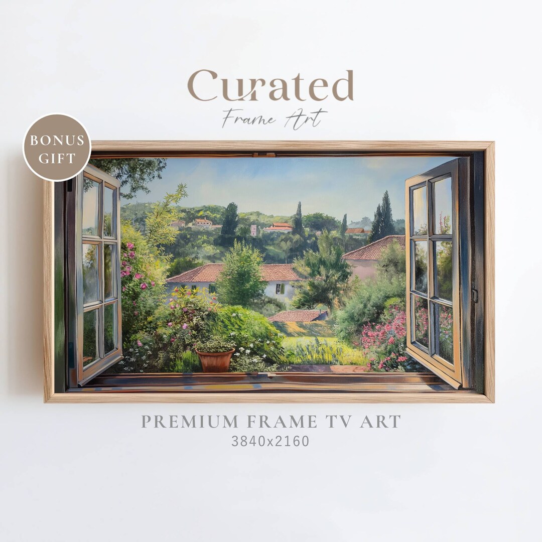 Frame TV Art, Village Window View Frame TV Artwork, Vintage Oil ...