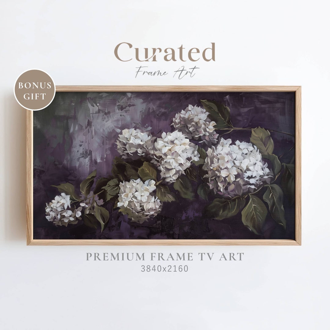 Flower Painting Frame Tv Art Antique Dark Purple And White Hydrangea