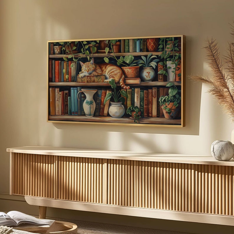 Bookish Frame TV Art, Rustic Library With Kitty Sleeping, Samsung Frame ...