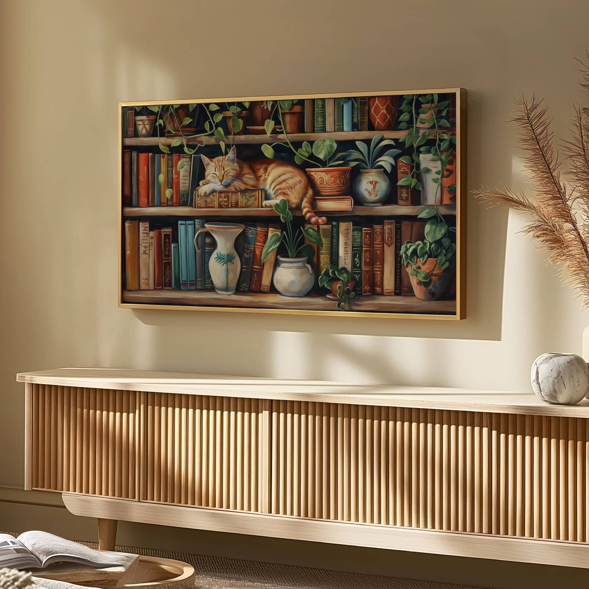 Bookish Frame TV Art, Rustic Library With Kitty Sleeping, Samsung Frame ...
