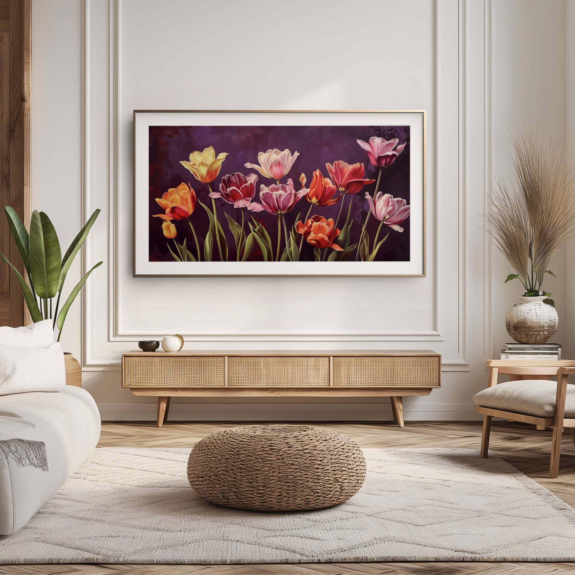 Flower Painting Frame TV Art, Antique Dark Purple Painting of Colorful ...