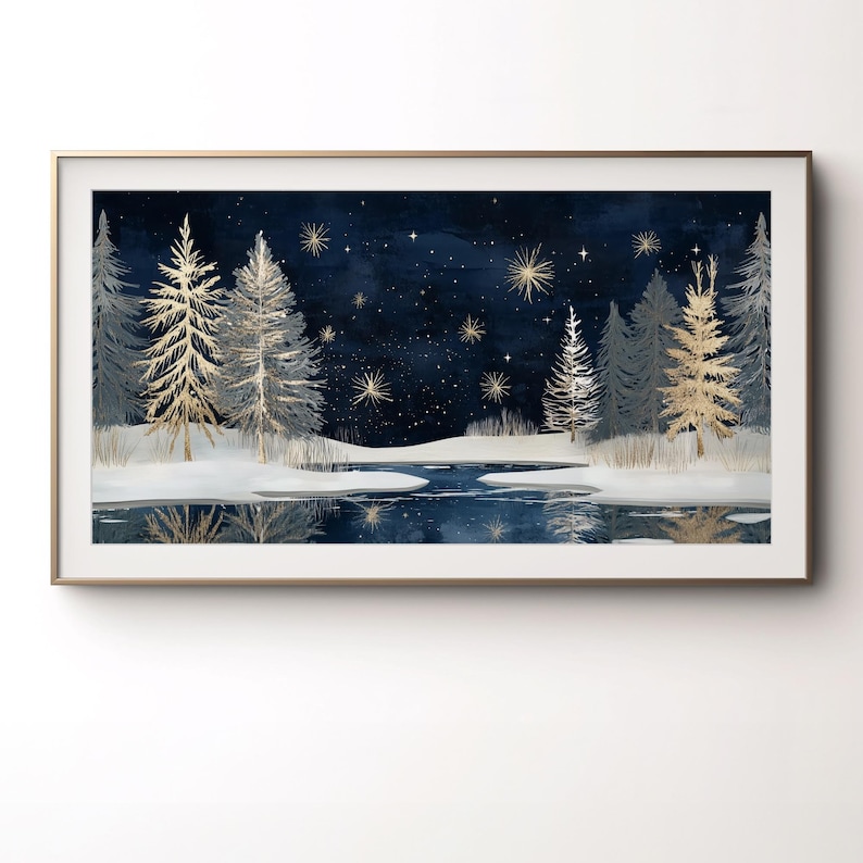 Christmas Samsung Frame TV Art, Forest With Lake and Stars in the Night ...