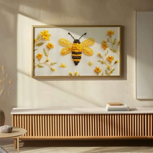 Cute Bee Embroidery Frame TV Art, Spring Floral Frame TV Art, Textured ...