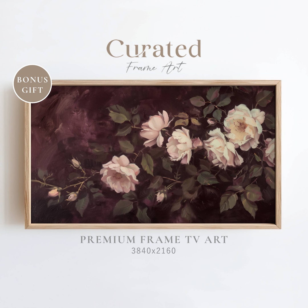 Flower Painting Frame TV Art, Antique Dark Purple Plum Wildflower ...