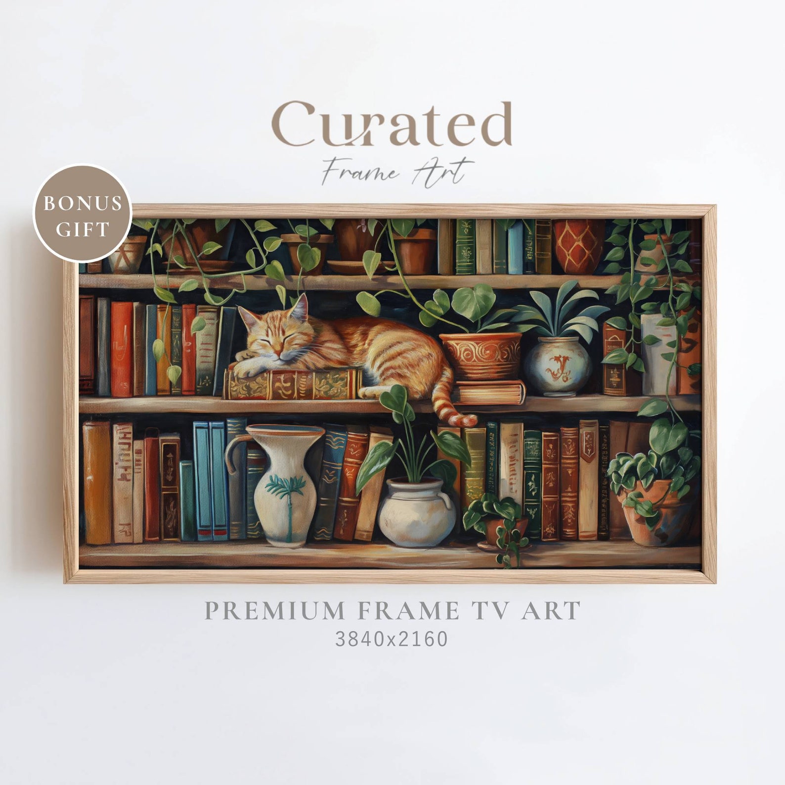 Bookish Frame TV Art, Rustic Library With Kitty Sleeping, Samsung Frame ...