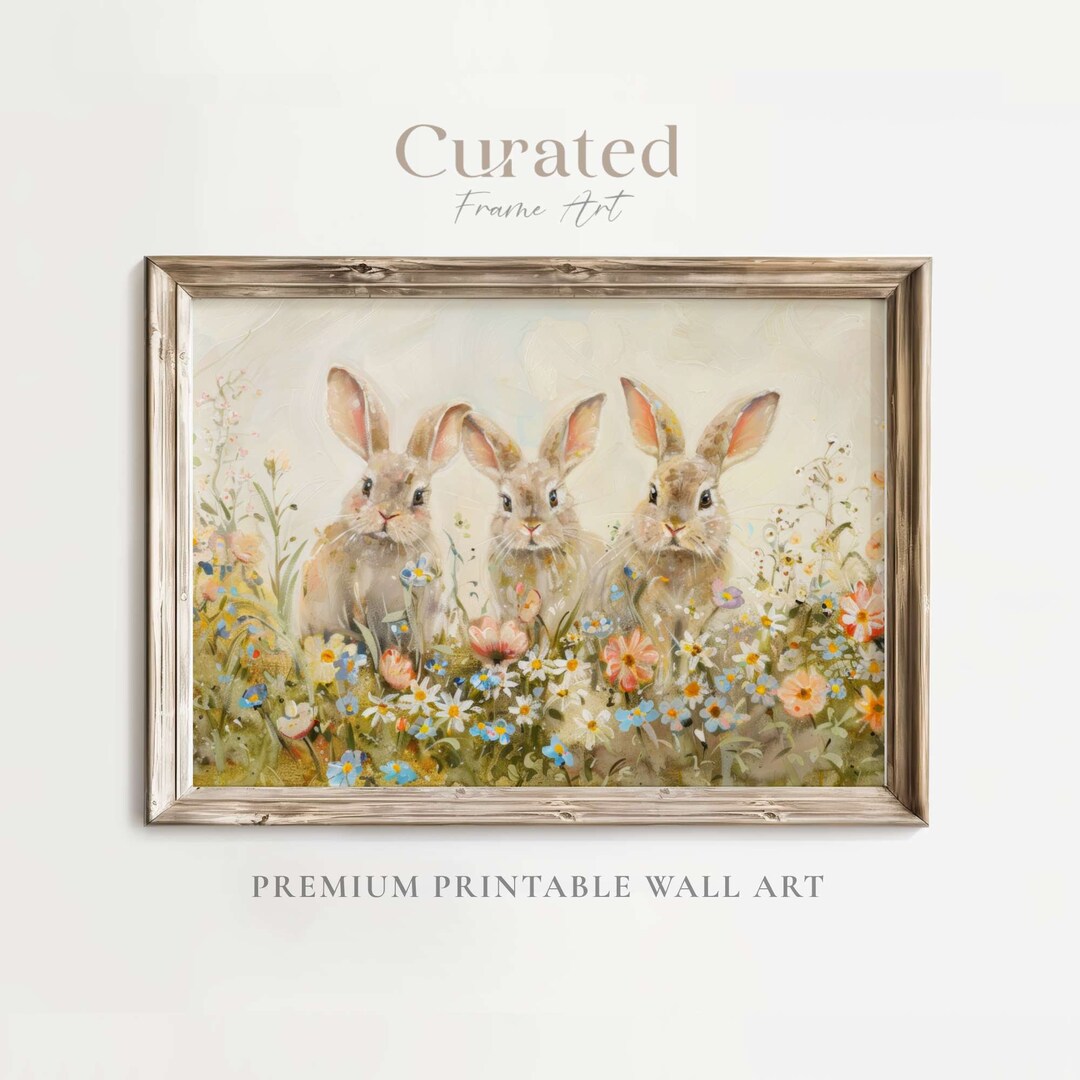 Cute Bunnies in Wildflower Field Printable Wall Art, Spring Bunny Decor ...