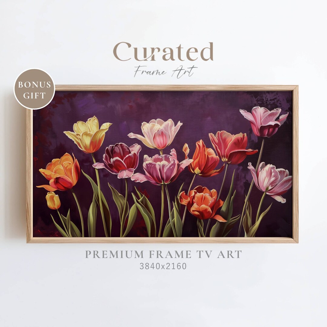 Flower Painting Frame TV Art, Antique Dark Purple Painting of Colorful ...