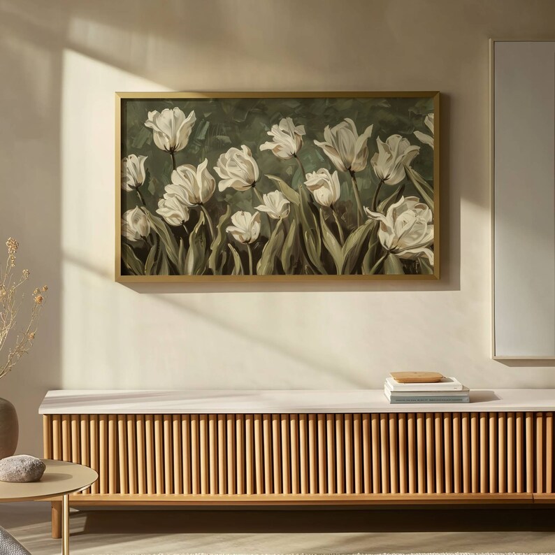 Flower Painting Frame TV Art, Antique Dark Green Painting of White ...