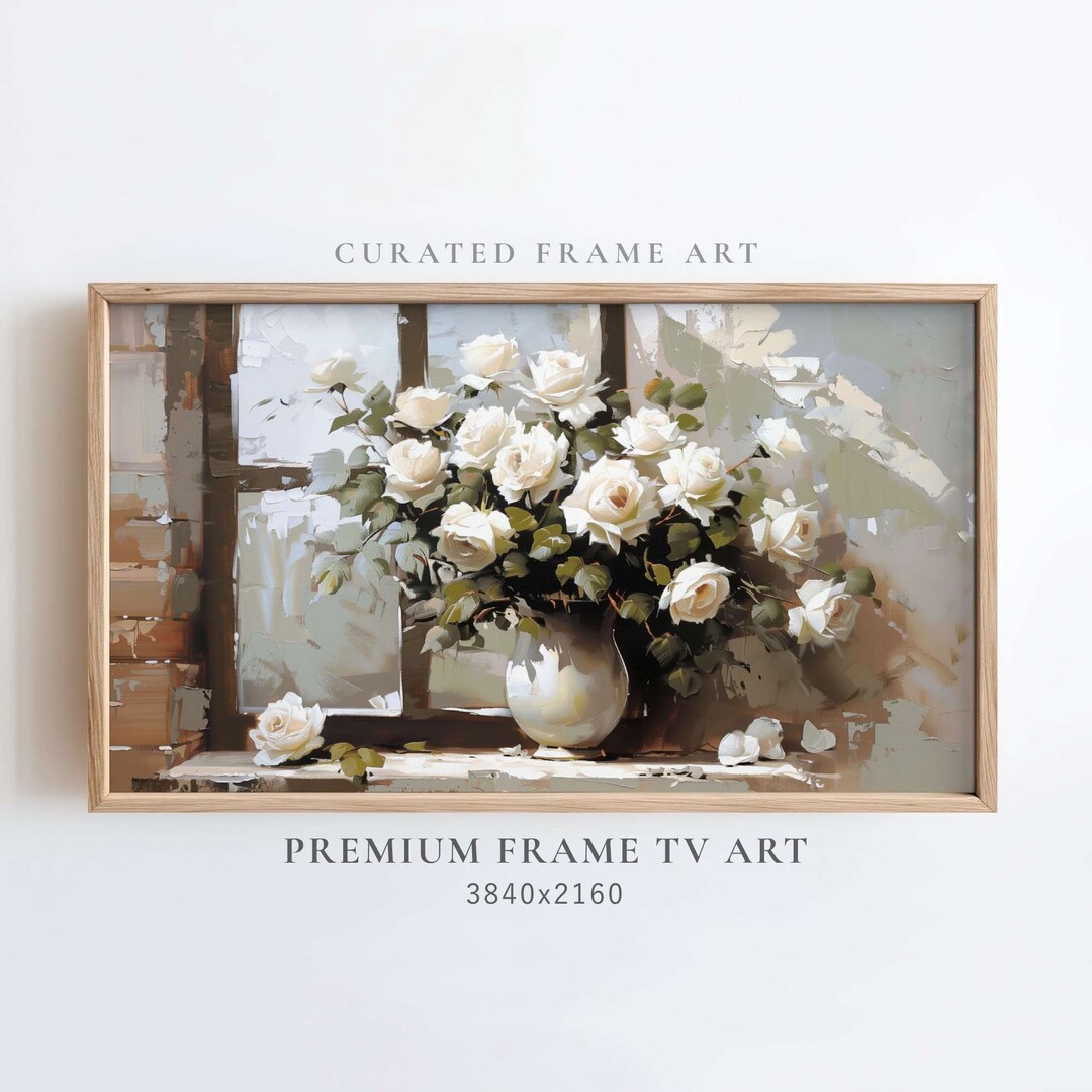 Vintage White Rose Frame TV Art, Dark Rustic Flowers Painting, Floral ...