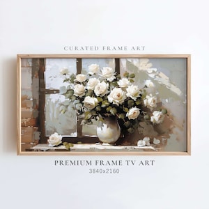 Vintage White Rose Frame TV Art, Dark Rustic Flowers Painting, Floral ...