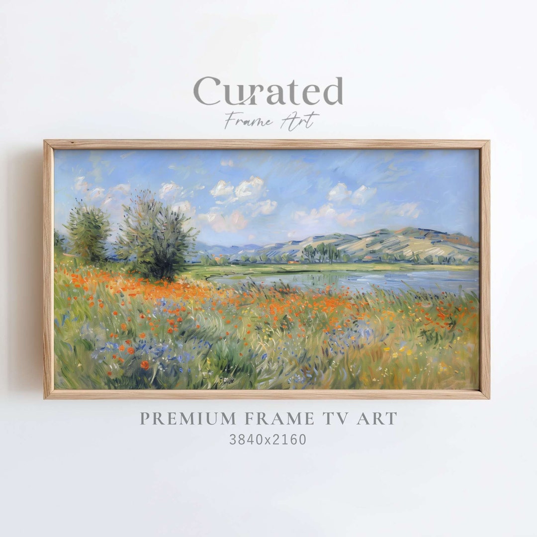 Wildflower Field Frame TV Art, Impressionist Lake Painting, Vintage TV ...